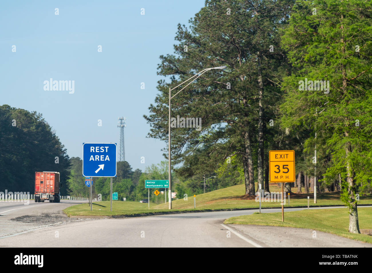 Atlanta, USA - April 21, 2018: Highway road in Alabama with rest area ...