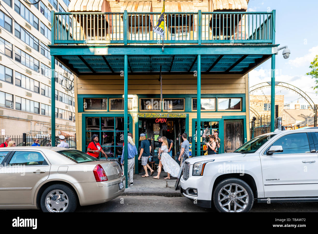 New Orleans, USA - April 22, 2018: Frenchmen street in Louisiana town ...