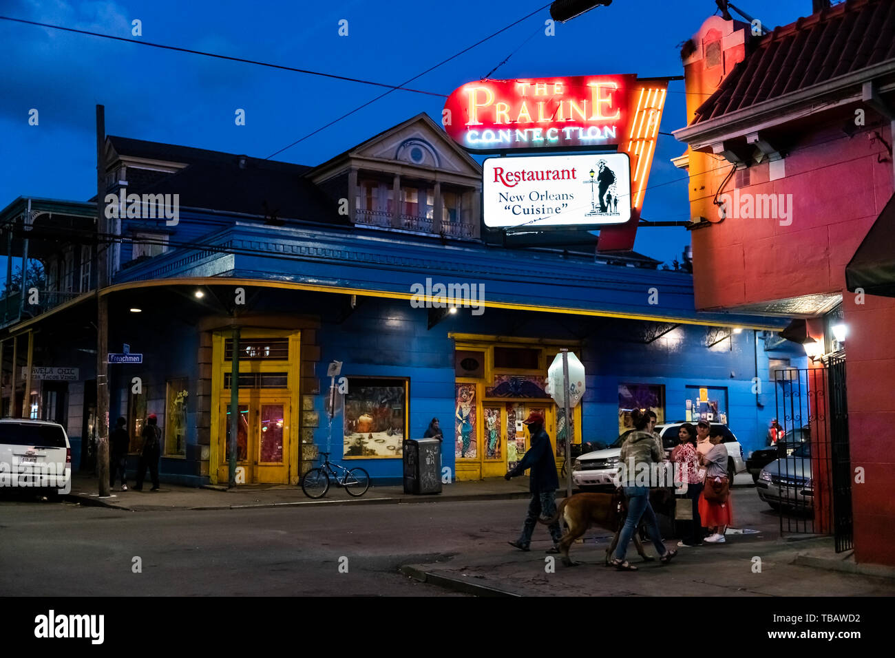 New Orleans, USA - April 22, 2018: Food business red and blue neon sign ...