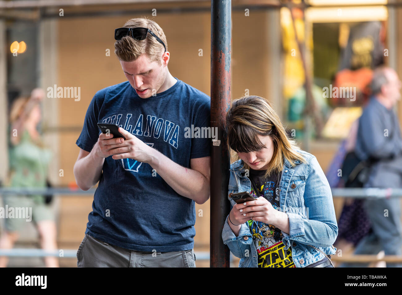 New Orleans, USA - April 22, 2018: Couple two people closeup tourist ...