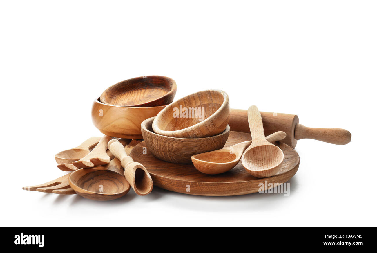 Set of wooden kitchen utensils on white background Stock Photo - Alamy