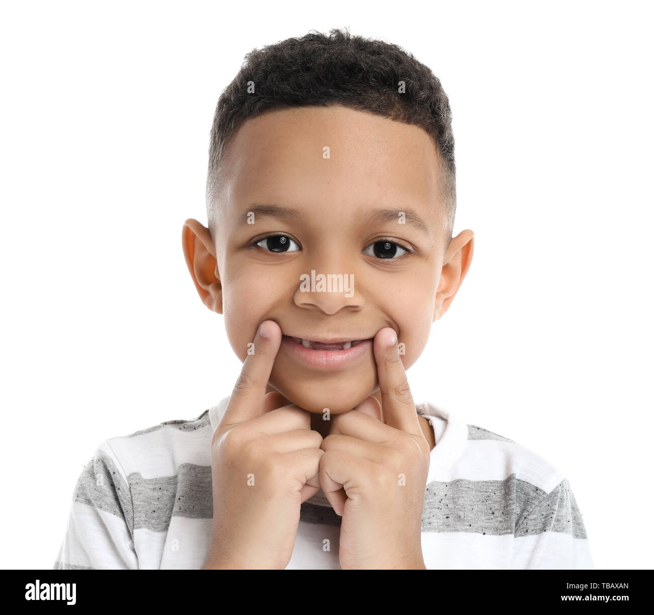 Little boy training pronounce letters on white background Stock Photo ...