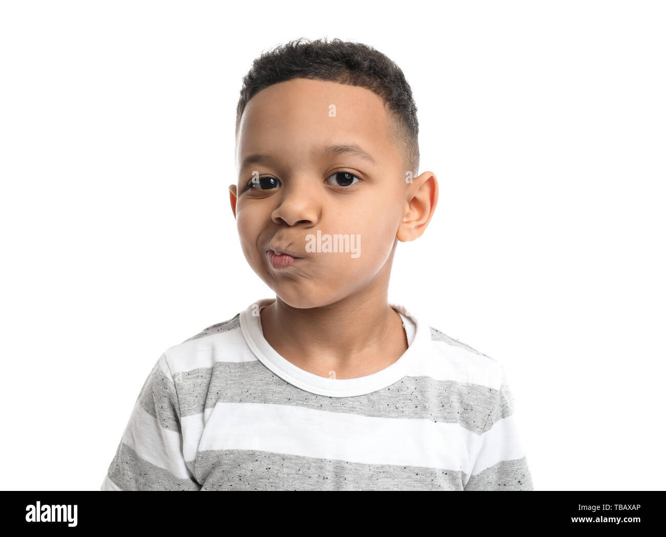 Little boy training pronounce letters on white background Stock Photo ...