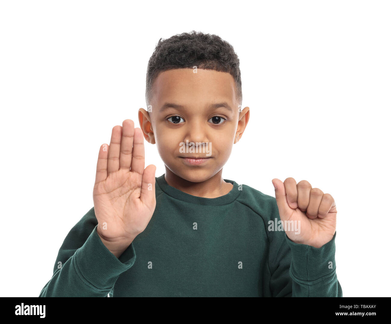 Little boy learning to count on white background Stock Photo - Alamy