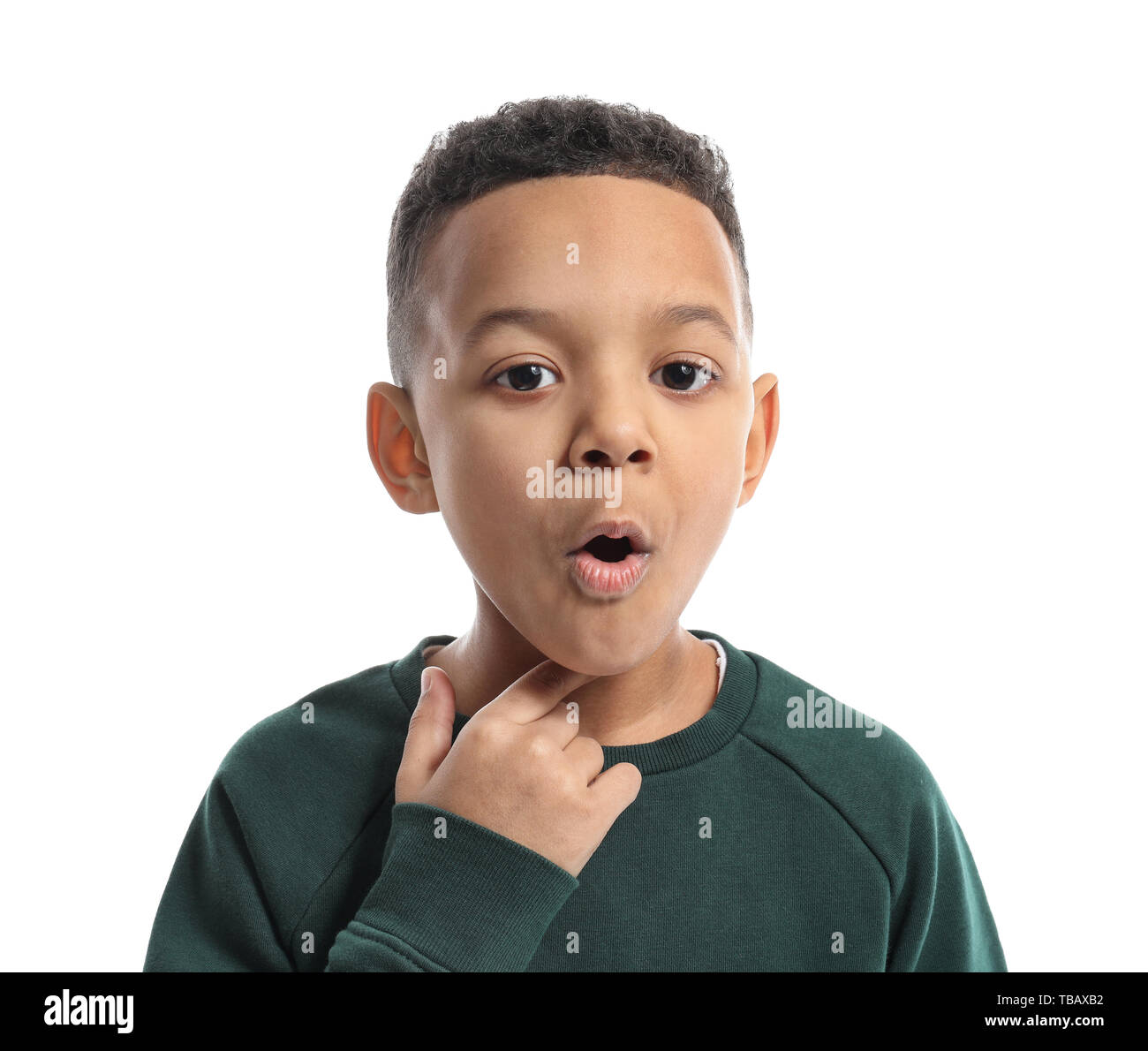 Little boy training pronounce letters on white background Stock Photo ...