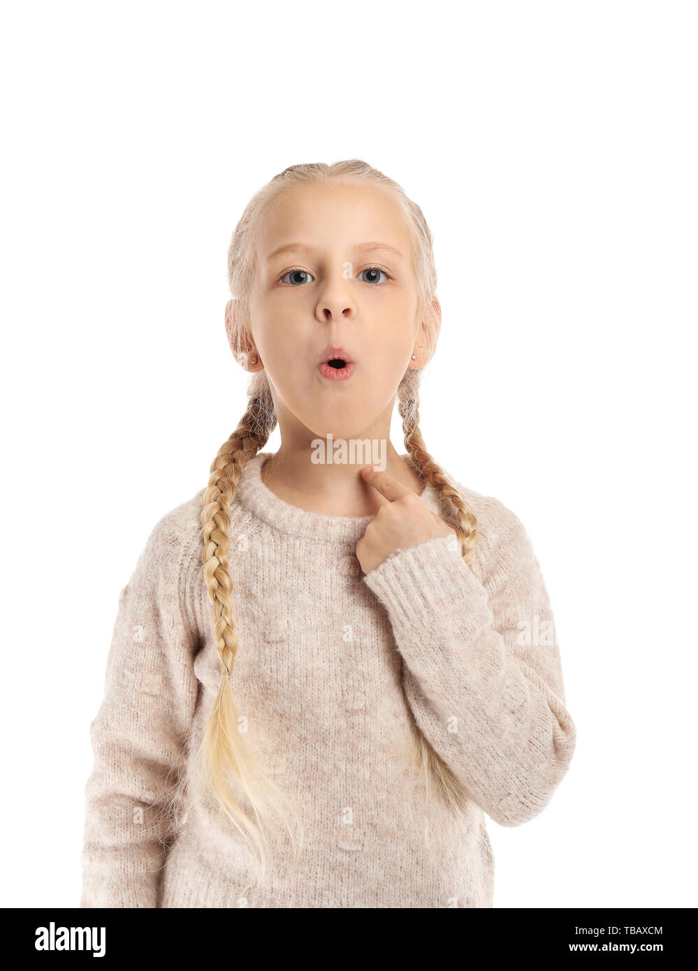 Little girl training pronounce letters on white background Stock Photo ...