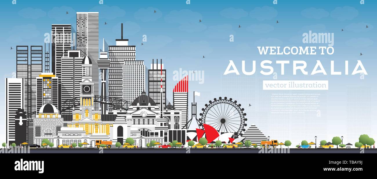 Welcome to Australia Skyline with Gray Buildings and Blue Sky. Vector ...