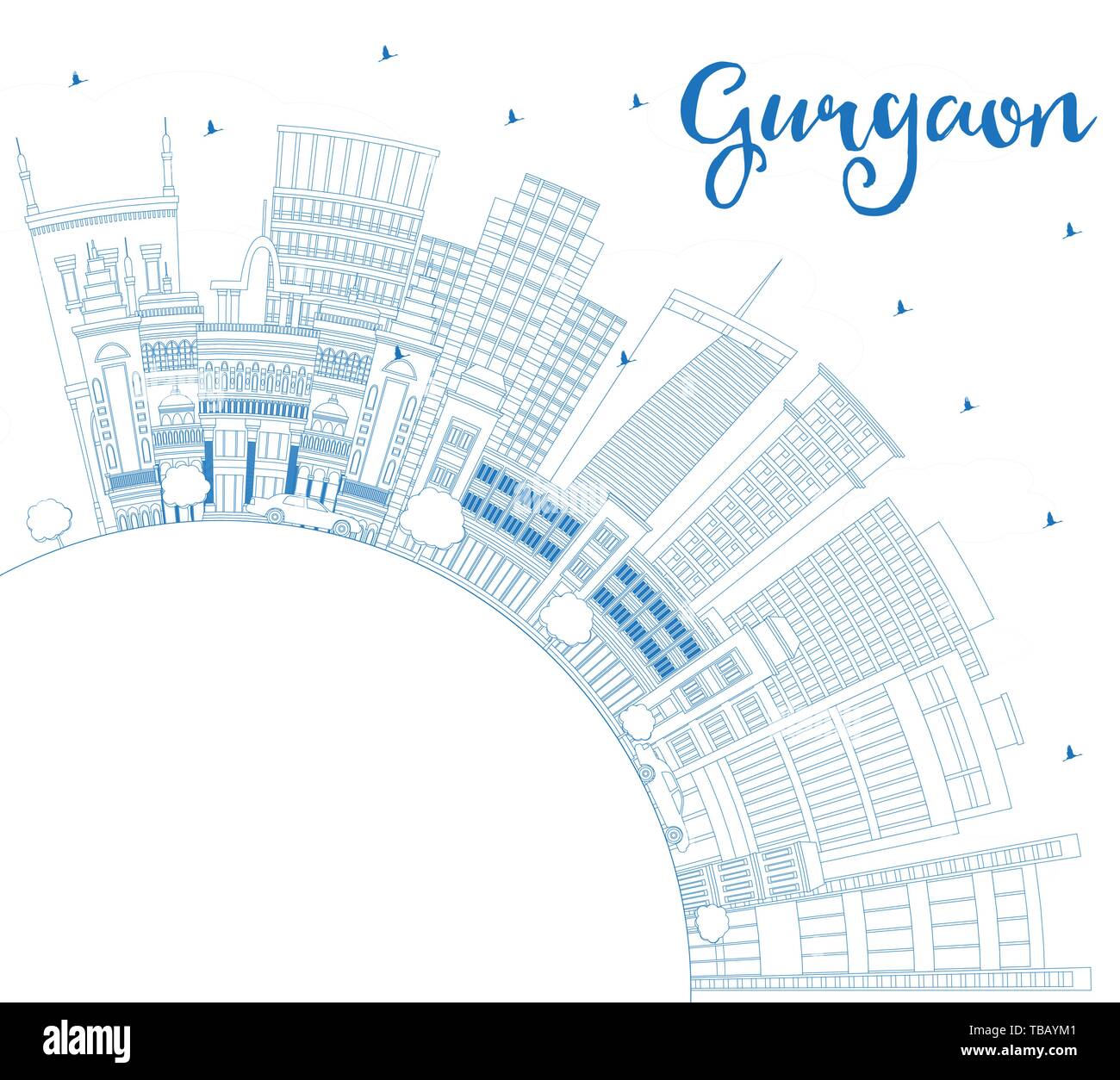 Outline Gurgaon India City Skyline with Blue Buildings and Copy Space ...