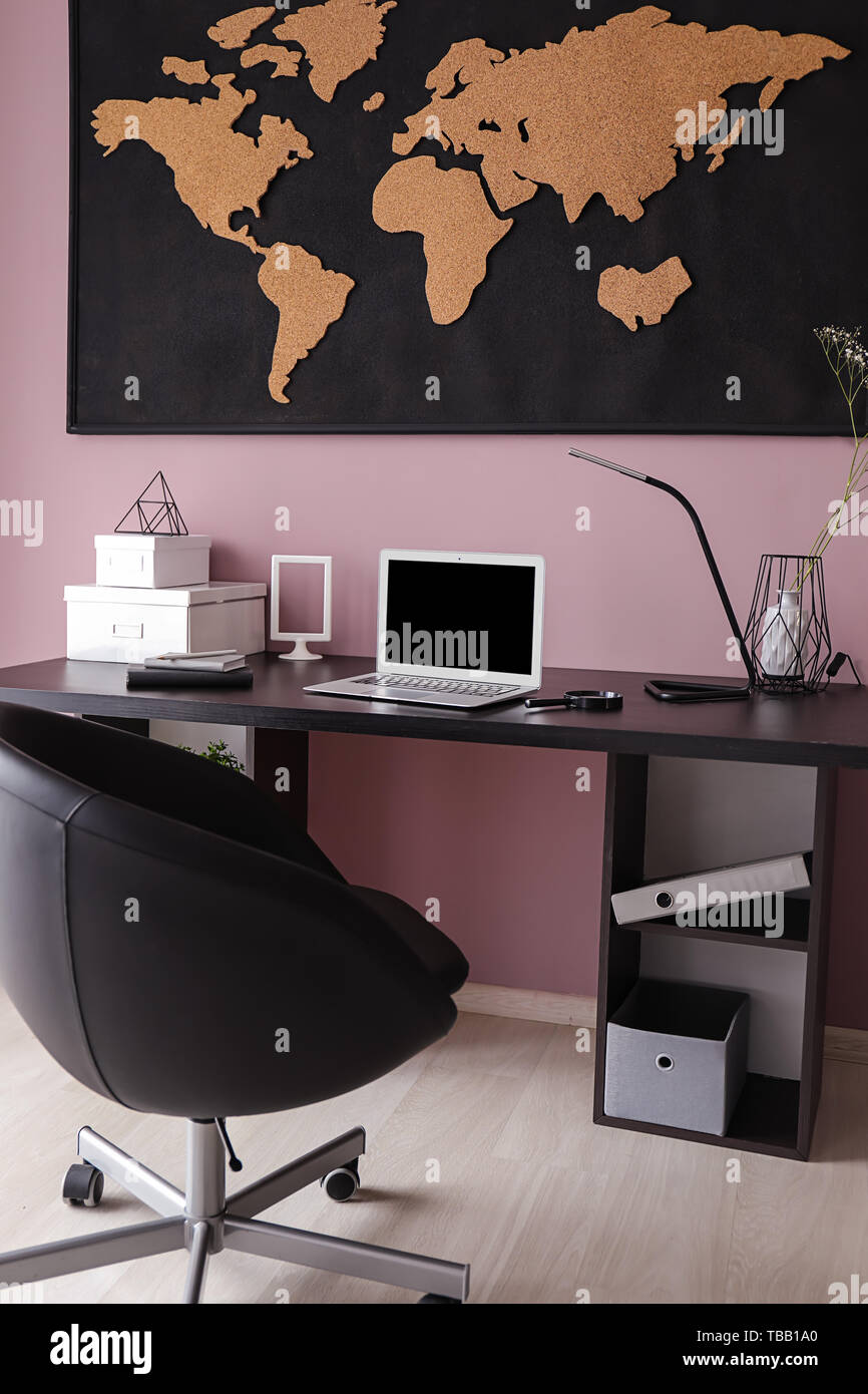 Interior of beautiful modern room with comfortable workplace Stock ...