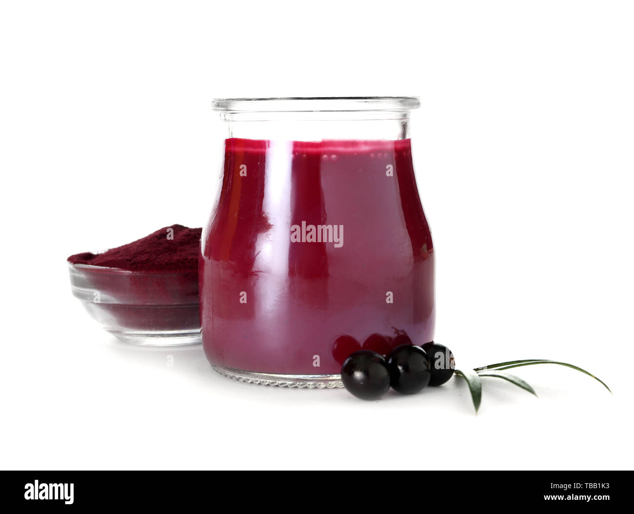 Glass jar with acai smoothie on white background Stock Photo - Alamy