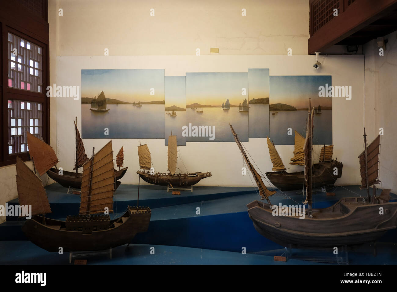 Models of old Chinese battle ships displayed at the reconstructed house ...