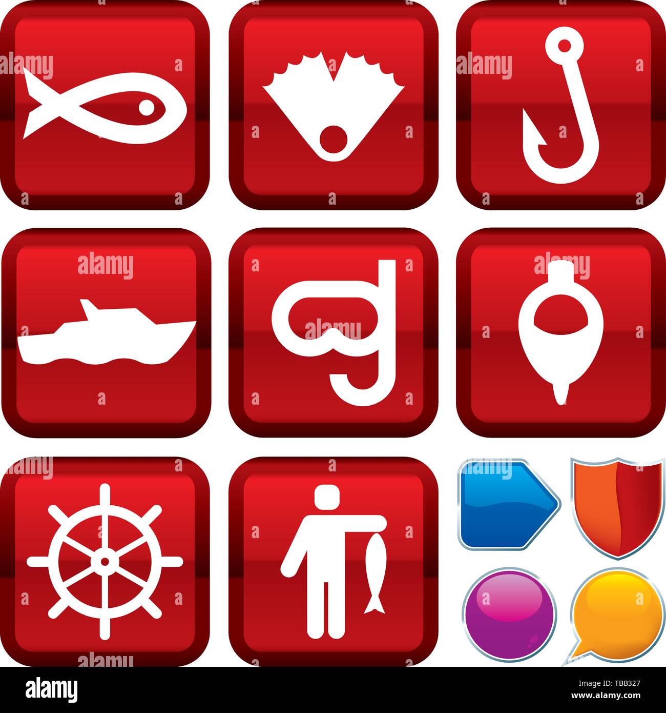 Vector illustration. Set of fishing icons on square buttons. Geometric ...