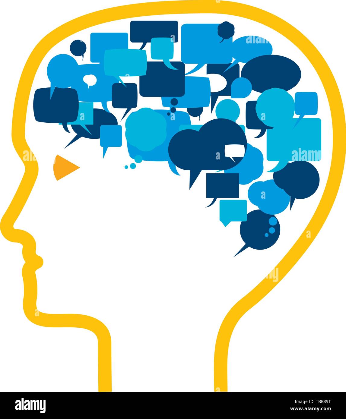 Vector illustration. Human head with talk bubbles brain in blue Stock ...