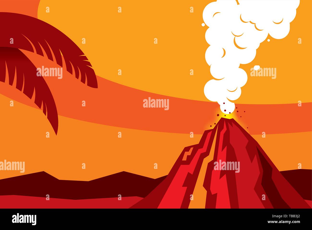 Vector illustration. Vulcan landscape in red tones with palm tree and ...