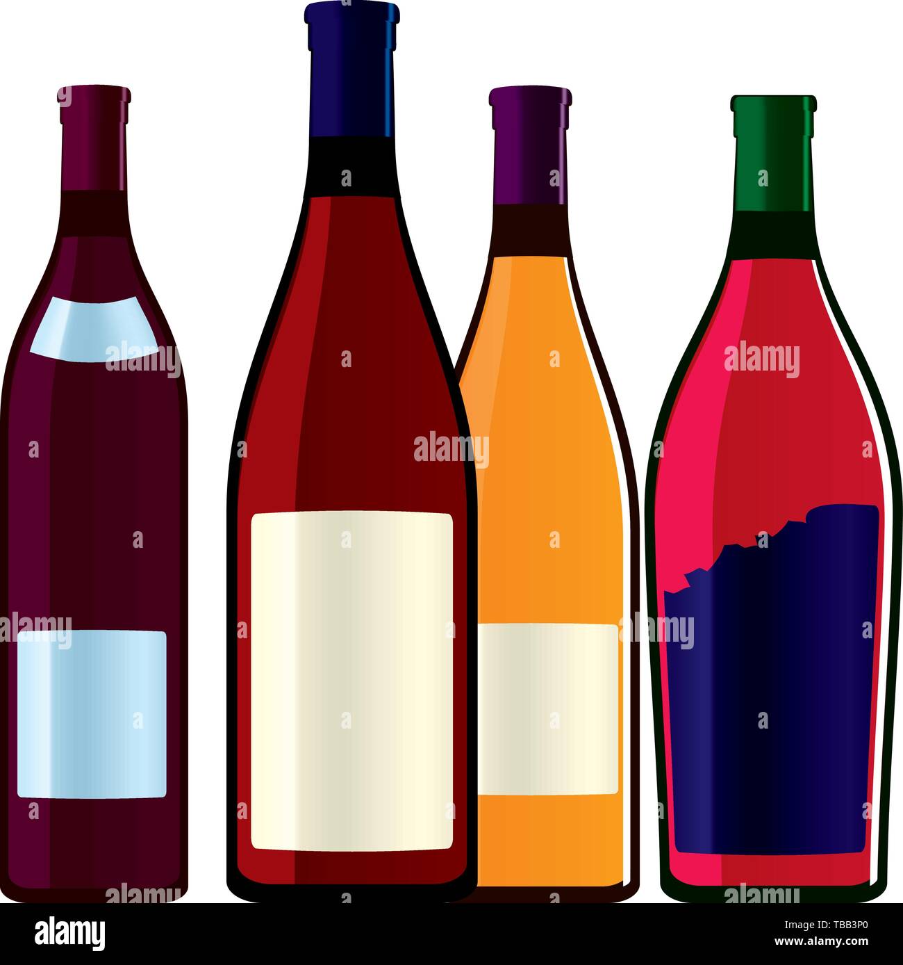 Vector illustration. Four wine bottles with labels and different forms ...