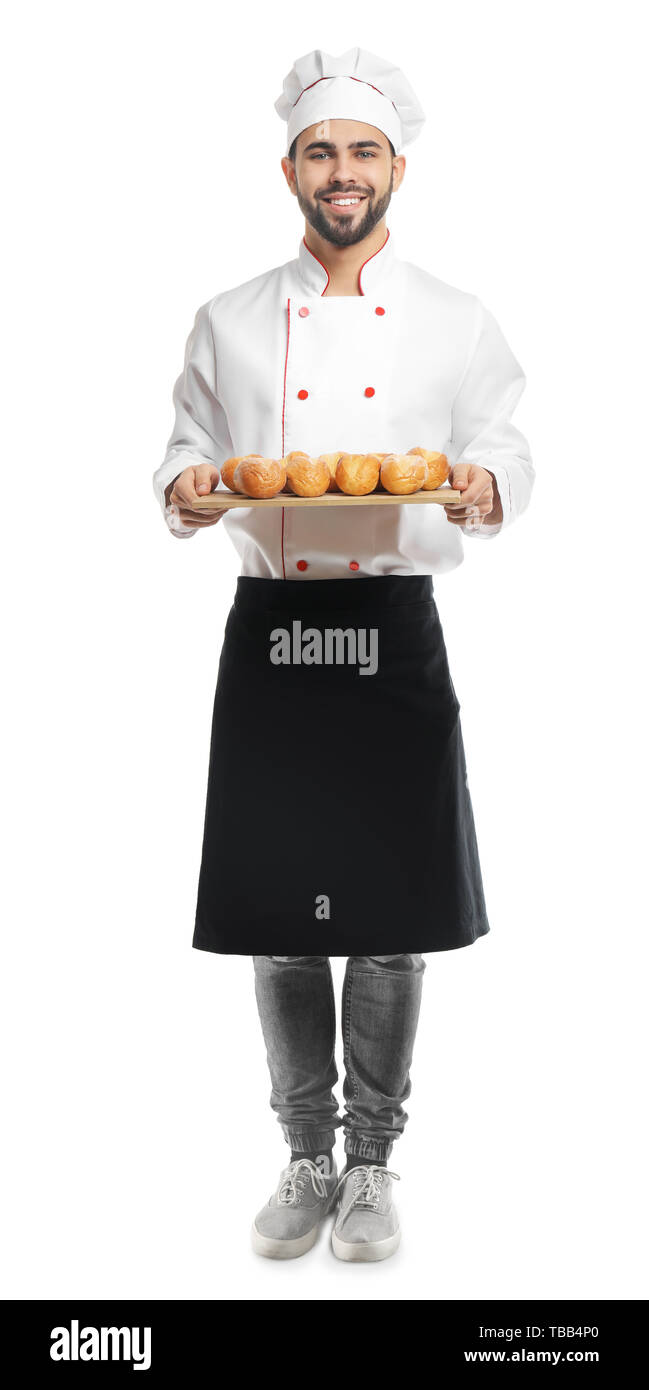 Chef with fresh buns on white background Stock Photo - Alamy
