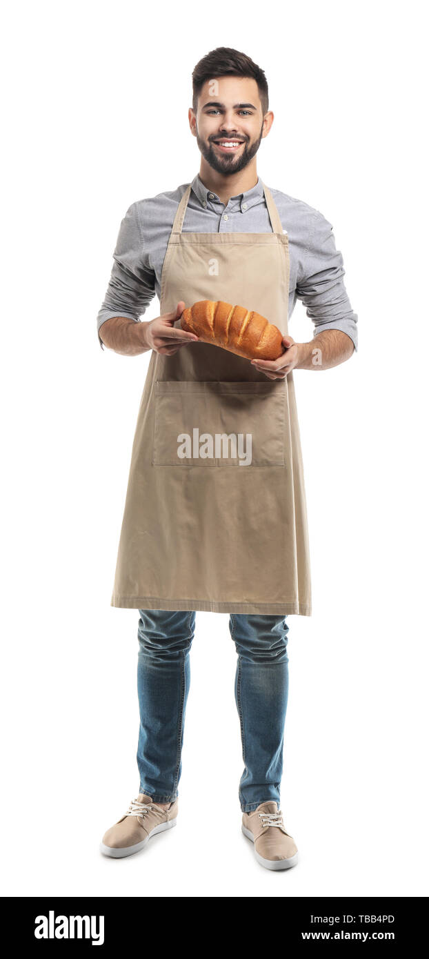 Baker with fresh bread on white background Stock Photo - Alamy