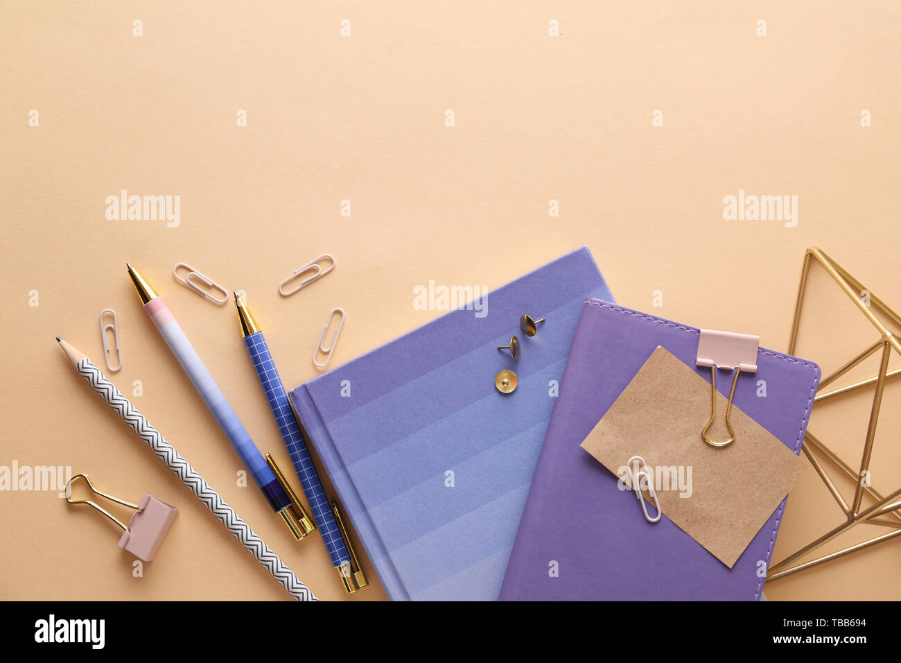 Stylish stationery on color background Stock Photo - Alamy