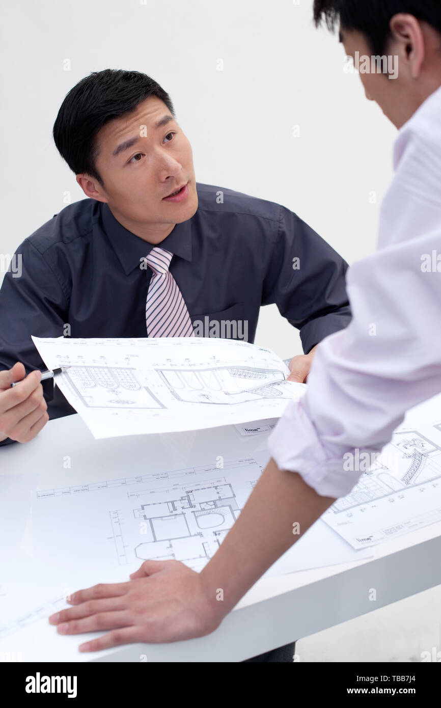 Business people analyzing drawings Stock Photo - Alamy