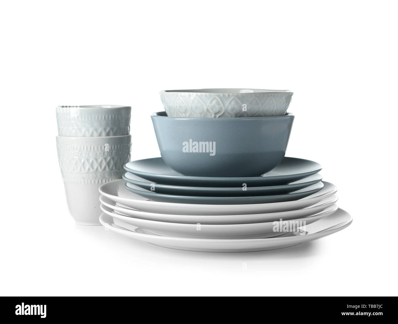 Set of clean dishes on white background Stock Photo - Alamy