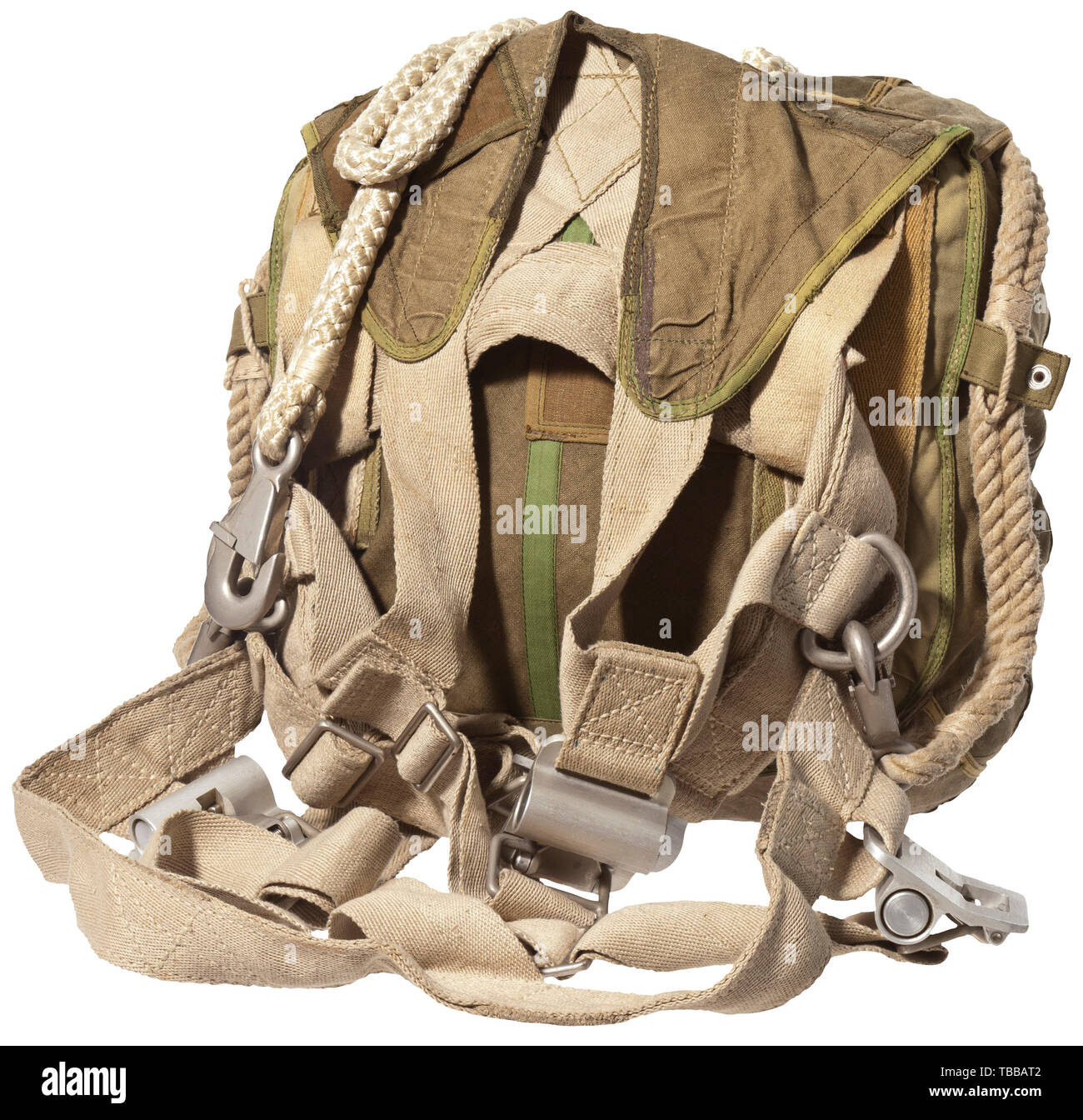 A parachute bag with parachute and harness, Olive-coloured linen bag ...