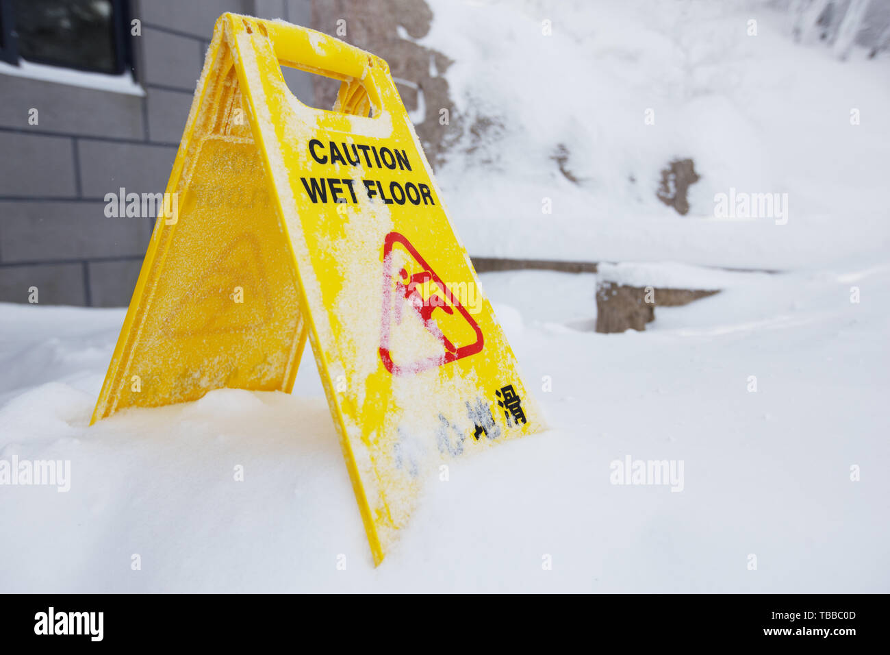 warning caution sign board on snow floor on hill Stock Photo - Alamy
