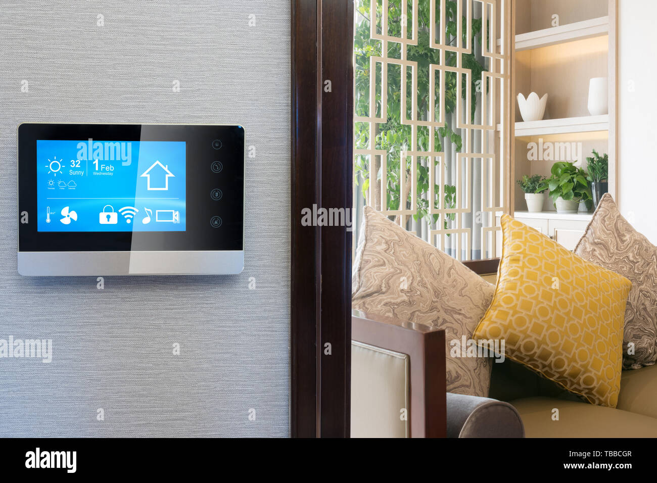 smart screen with smart home and modern living room Stock Photo - Alamy