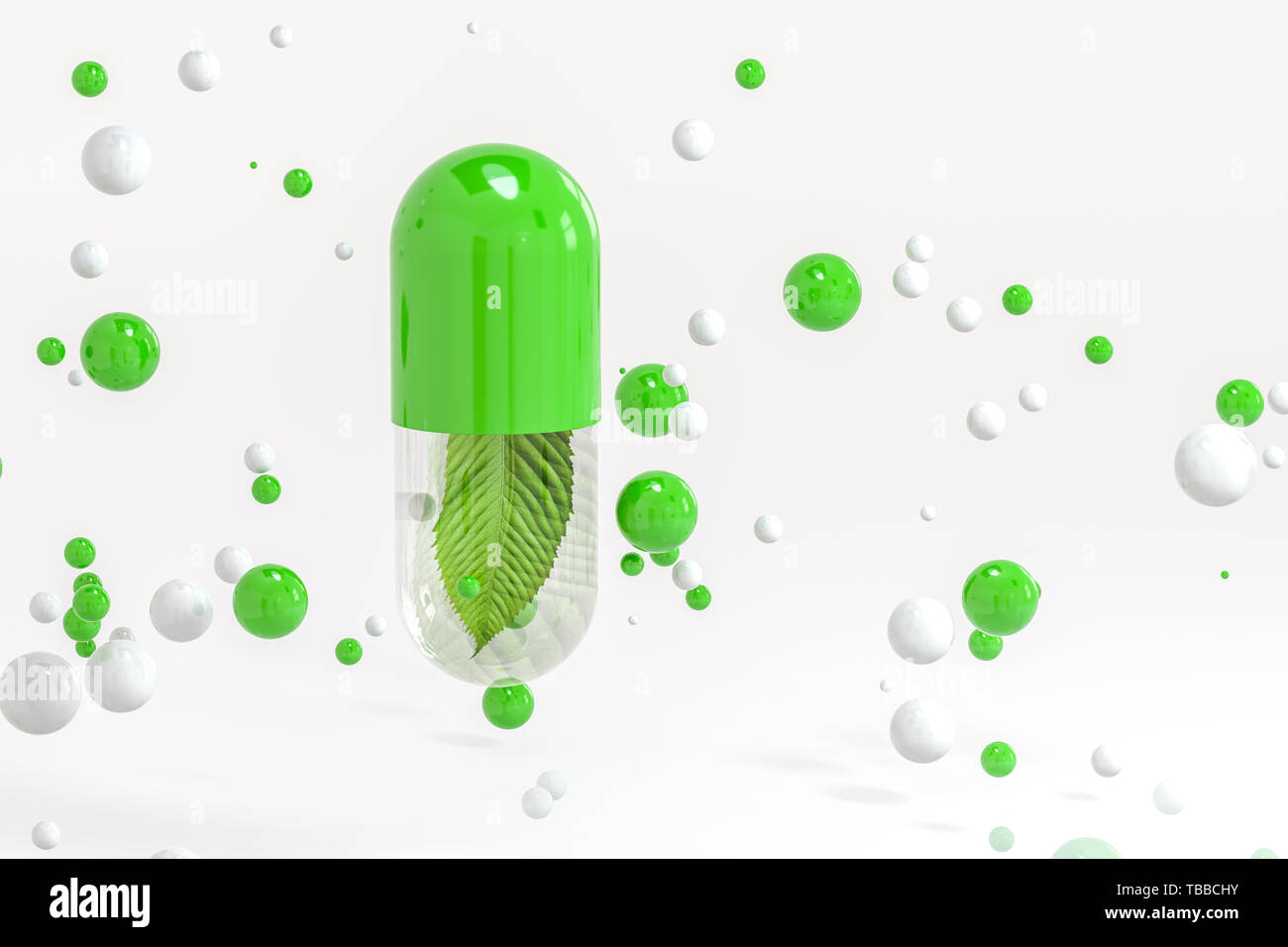 Three dimensional rendering, green capsule with pure white background ...
