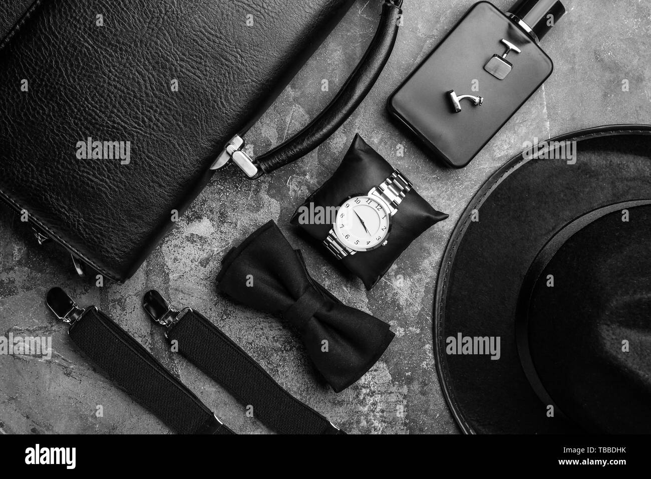 Set of male accessories on grey background Stock Photo - Alamy