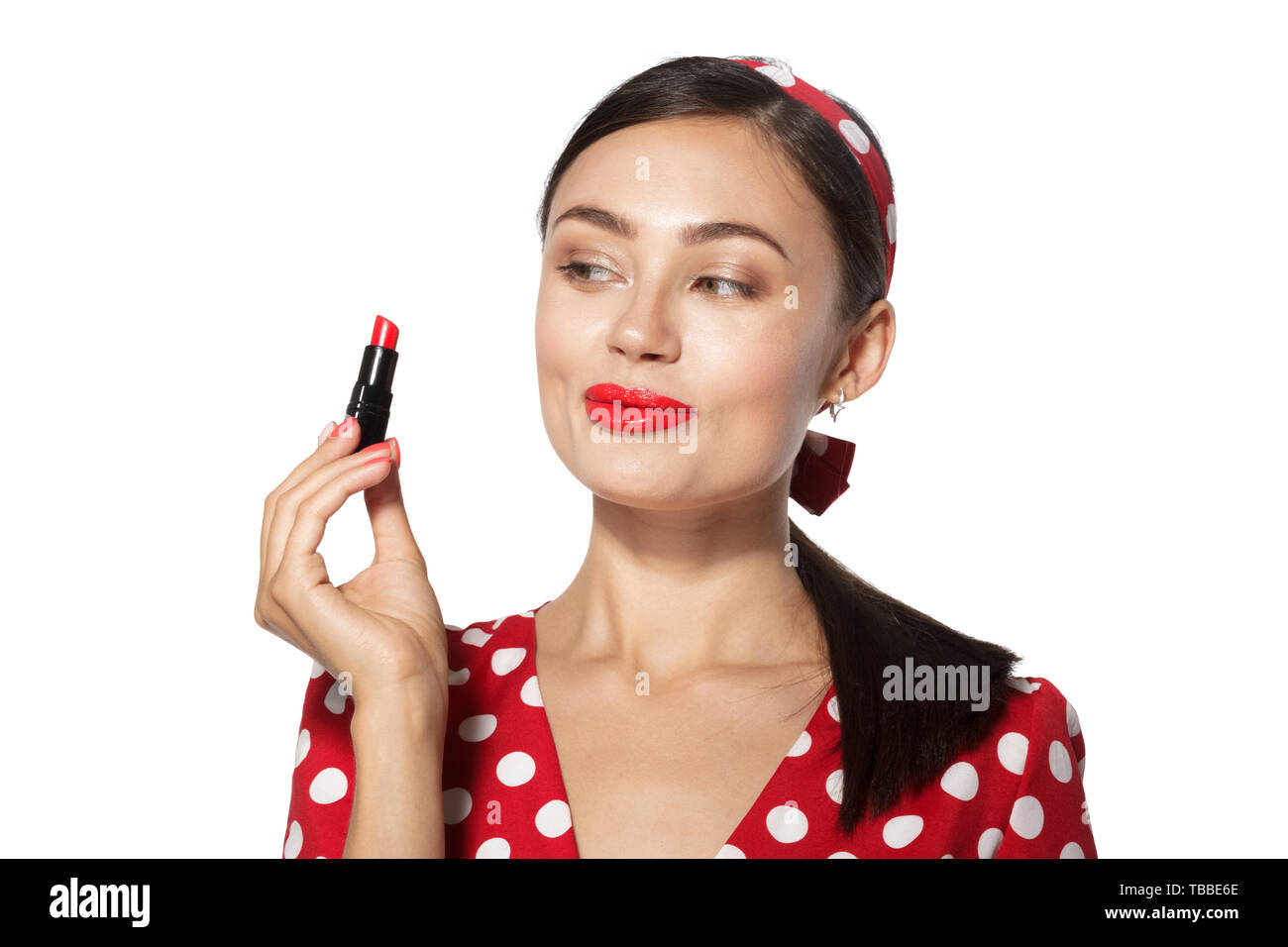 Make up. Close up portrait headshot of Pinup retro style young woman ...