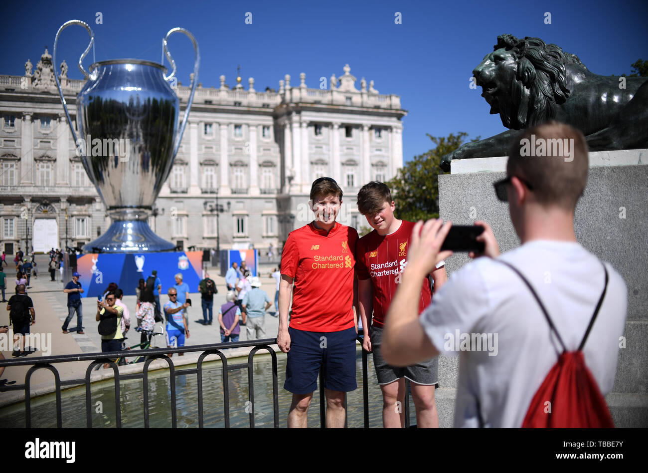 Liverpool fans Mark and Tony Rowe from Ireland have their picture taken ...