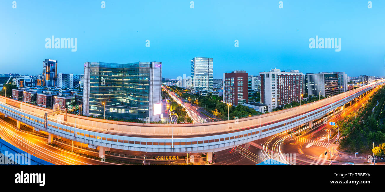 Viaducts and high rise building stands brightly lit hi-res stock ...