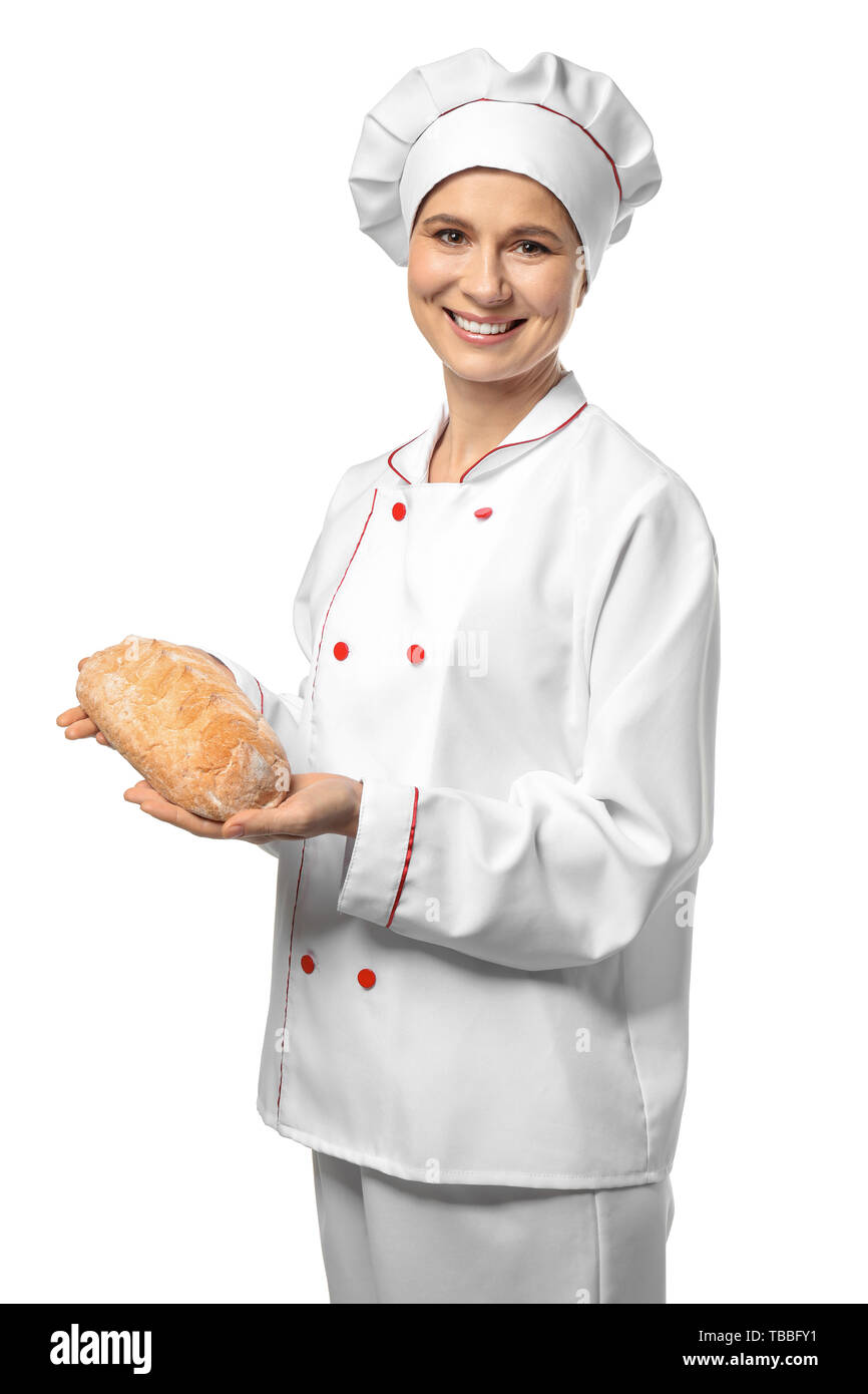 Female baker with bread on white background Stock Photo - Alamy