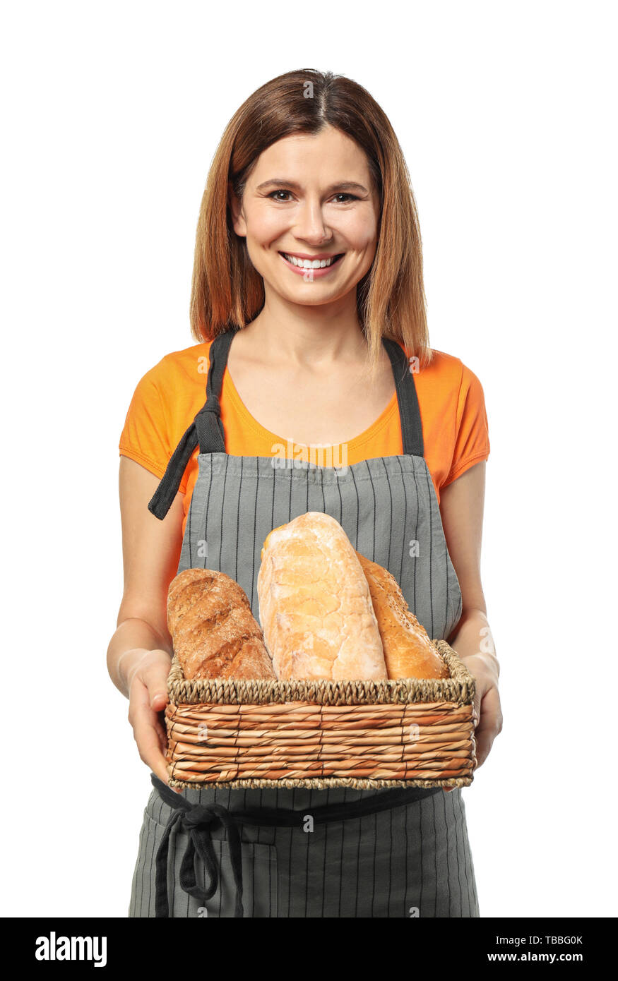 Female baker with bread on white background Stock Photo - Alamy