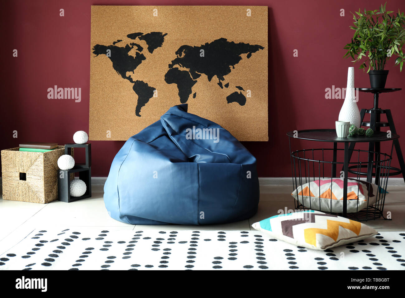 Interior of modern room with picture of world map on wall Stock Photo ...