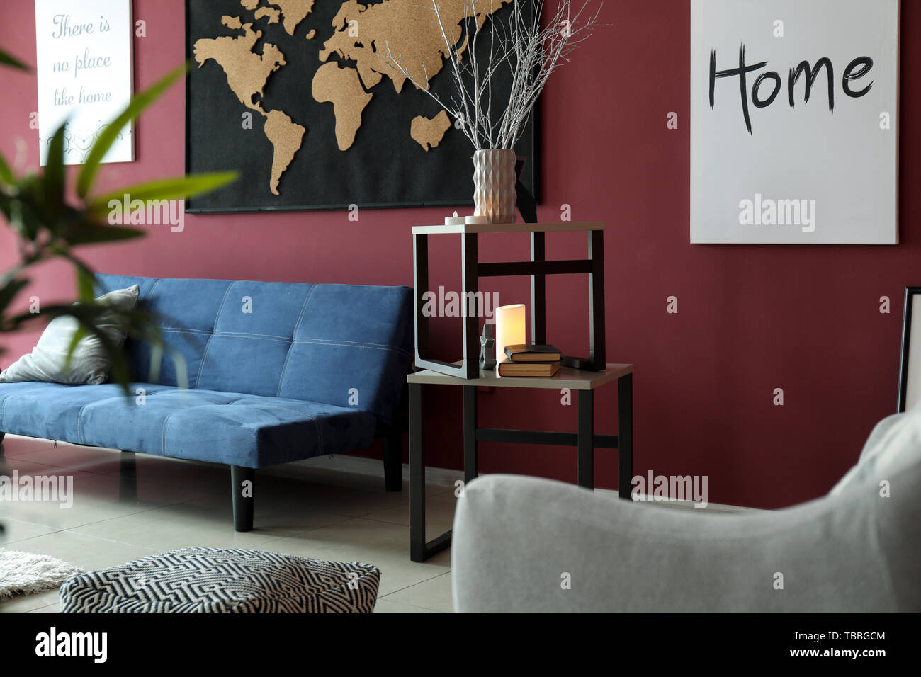 Interior of modern room with picture of world map on wall Stock Photo ...