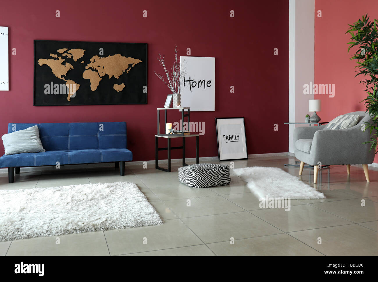 Interior of modern room with picture of world map on wall Stock Photo ...