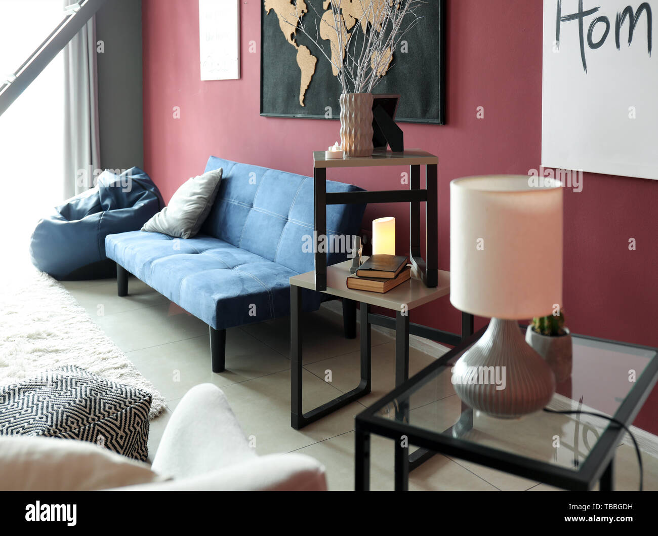 Interior of modern room with picture of world map on wall Stock Photo ...