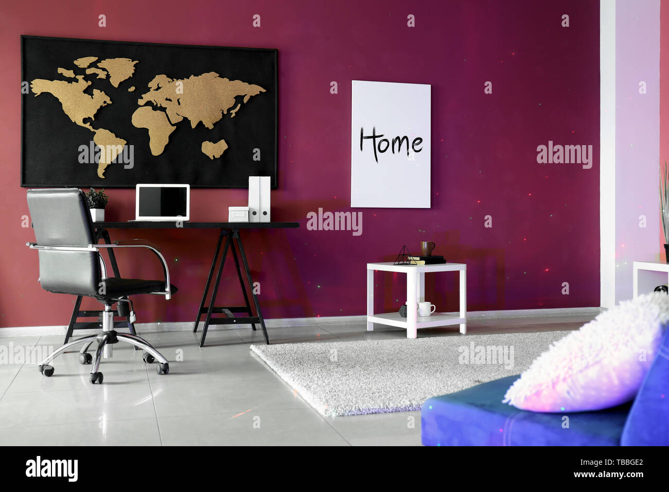 Interior of modern room with picture of world map on wall Stock Photo ...