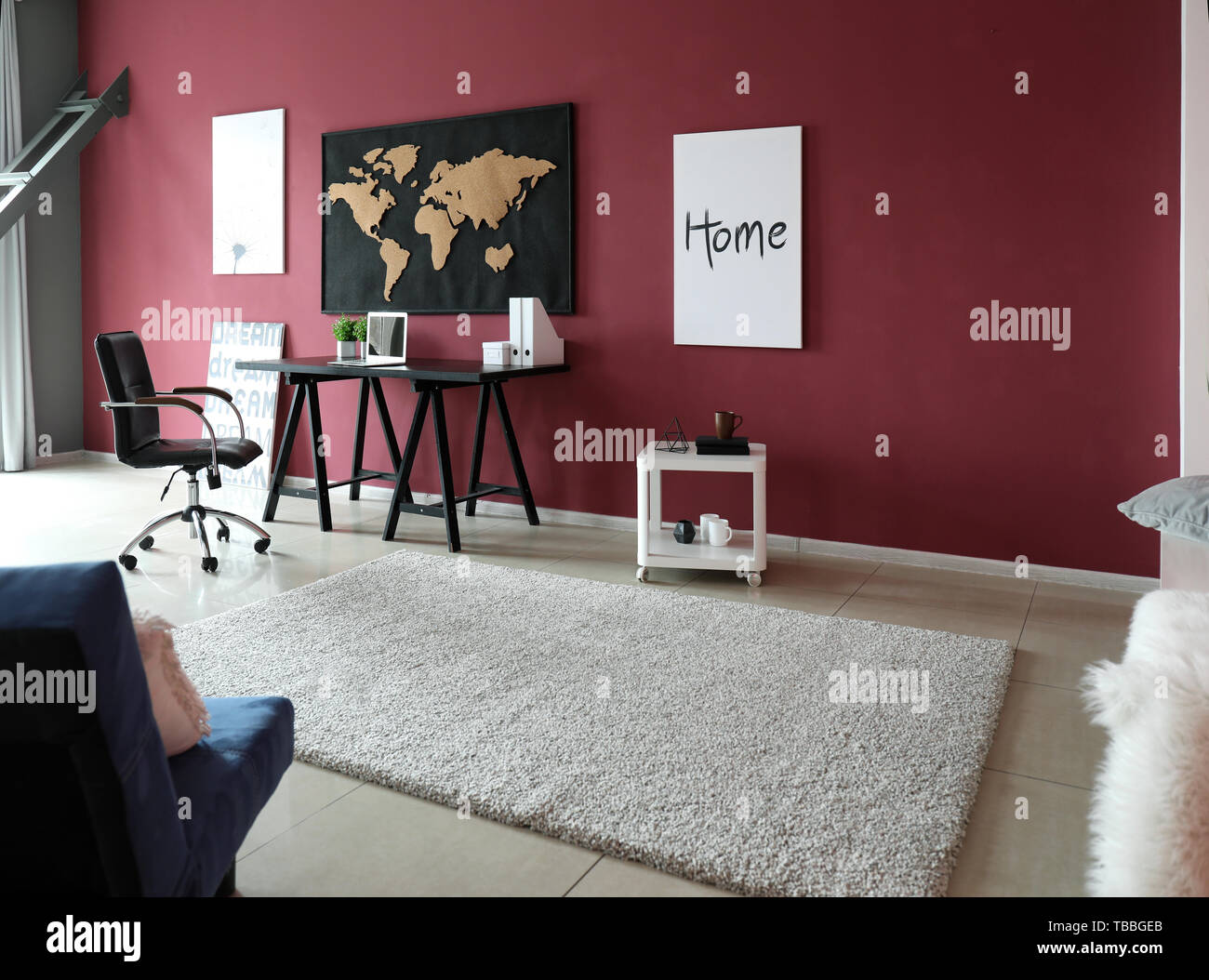 Interior of modern room with picture of world map on wall Stock Photo ...