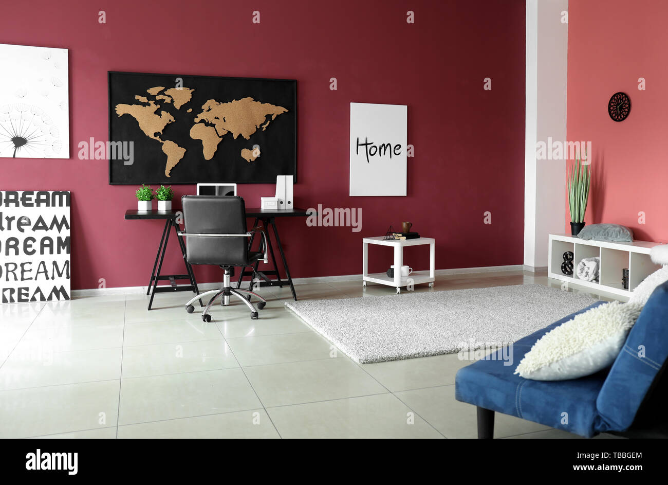 Interior of modern room with picture of world map on wall Stock Photo ...