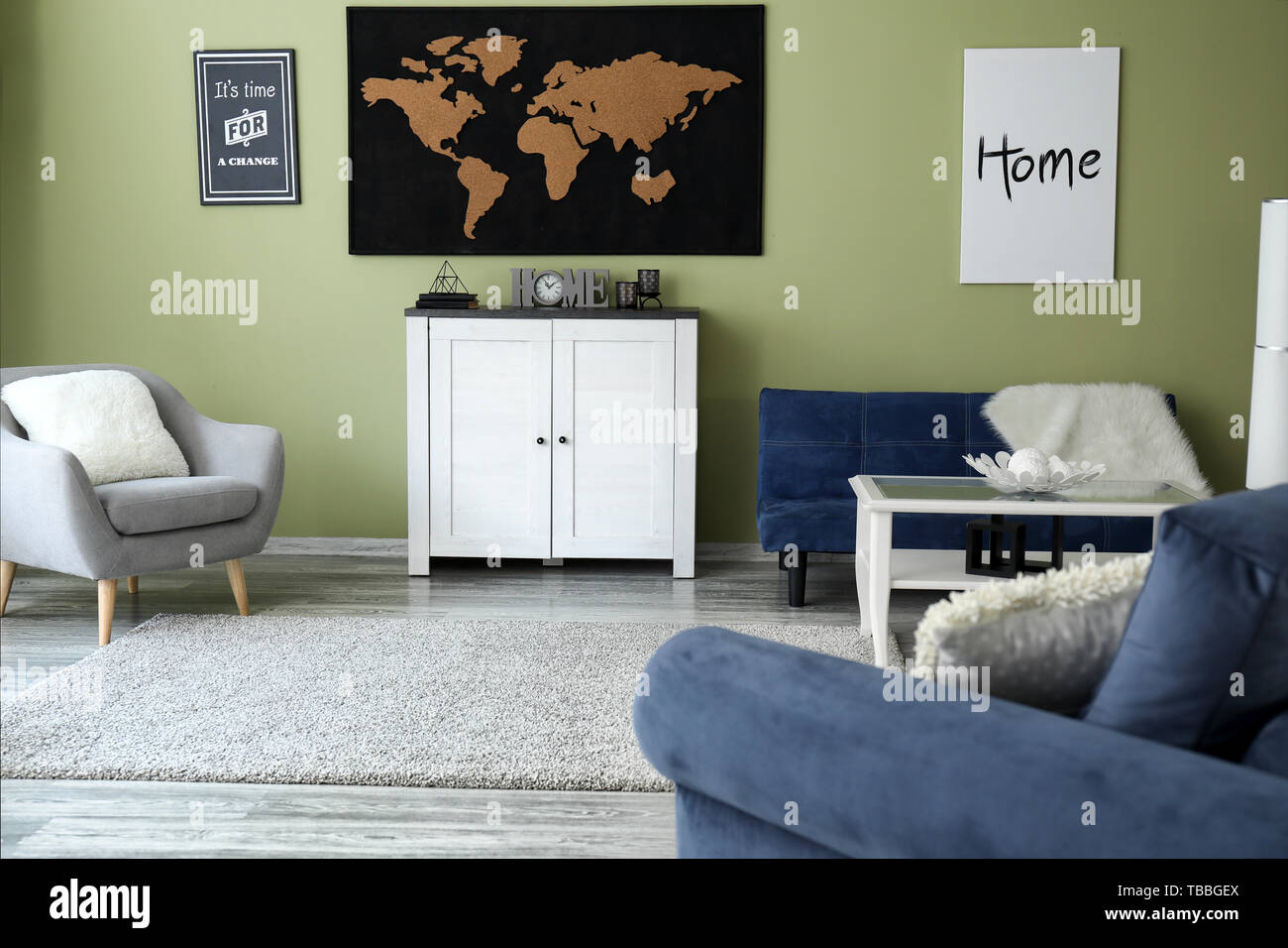Interior of modern room with picture of world map on wall Stock Photo ...