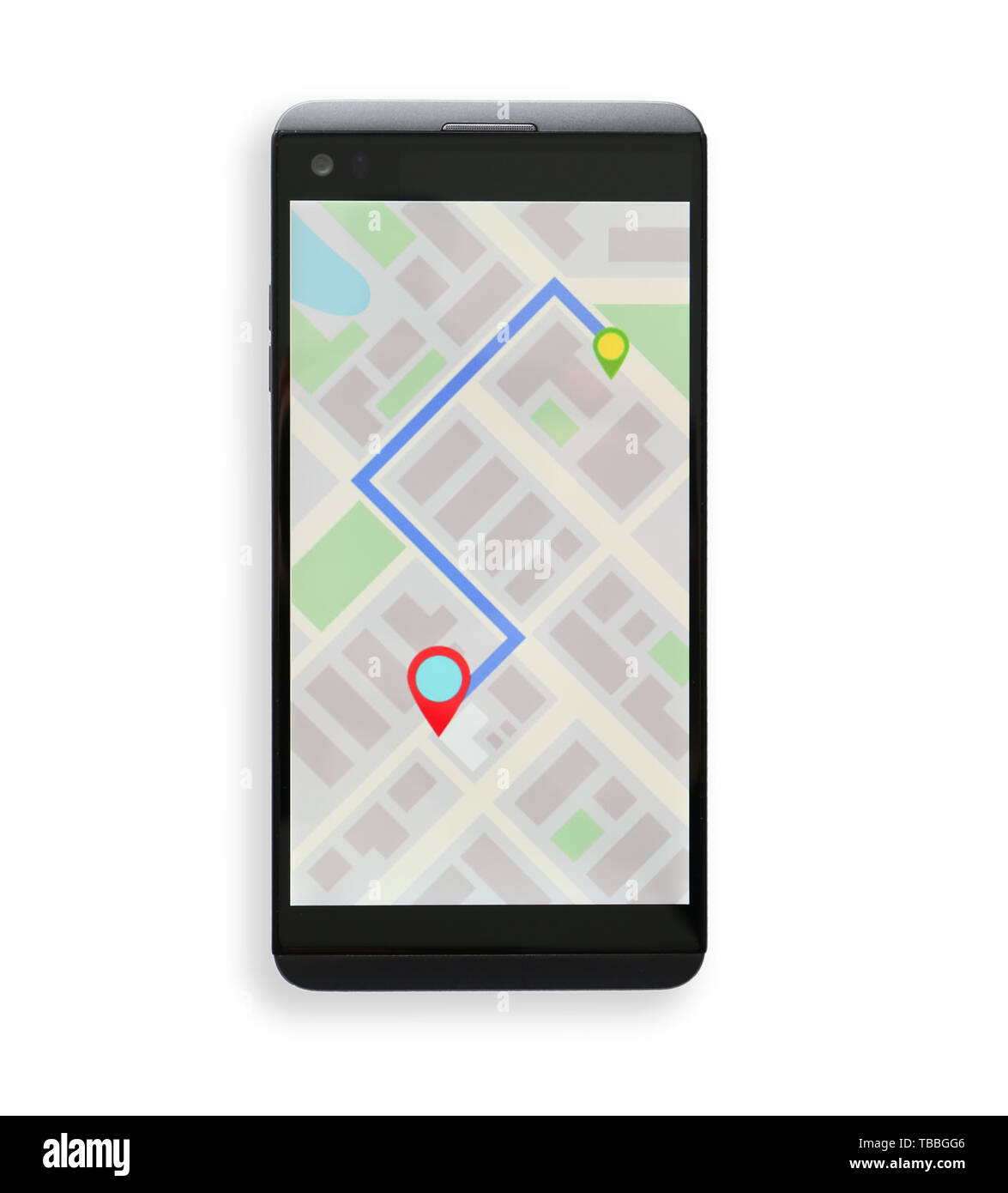 Mobile phone displaying map with route on screen against white ...