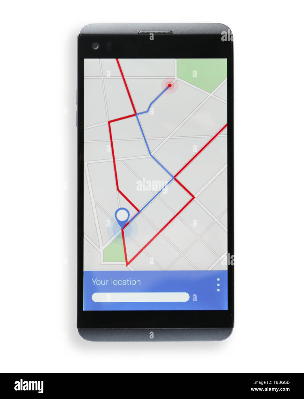 Mobile phone displaying map with route on screen against white ...