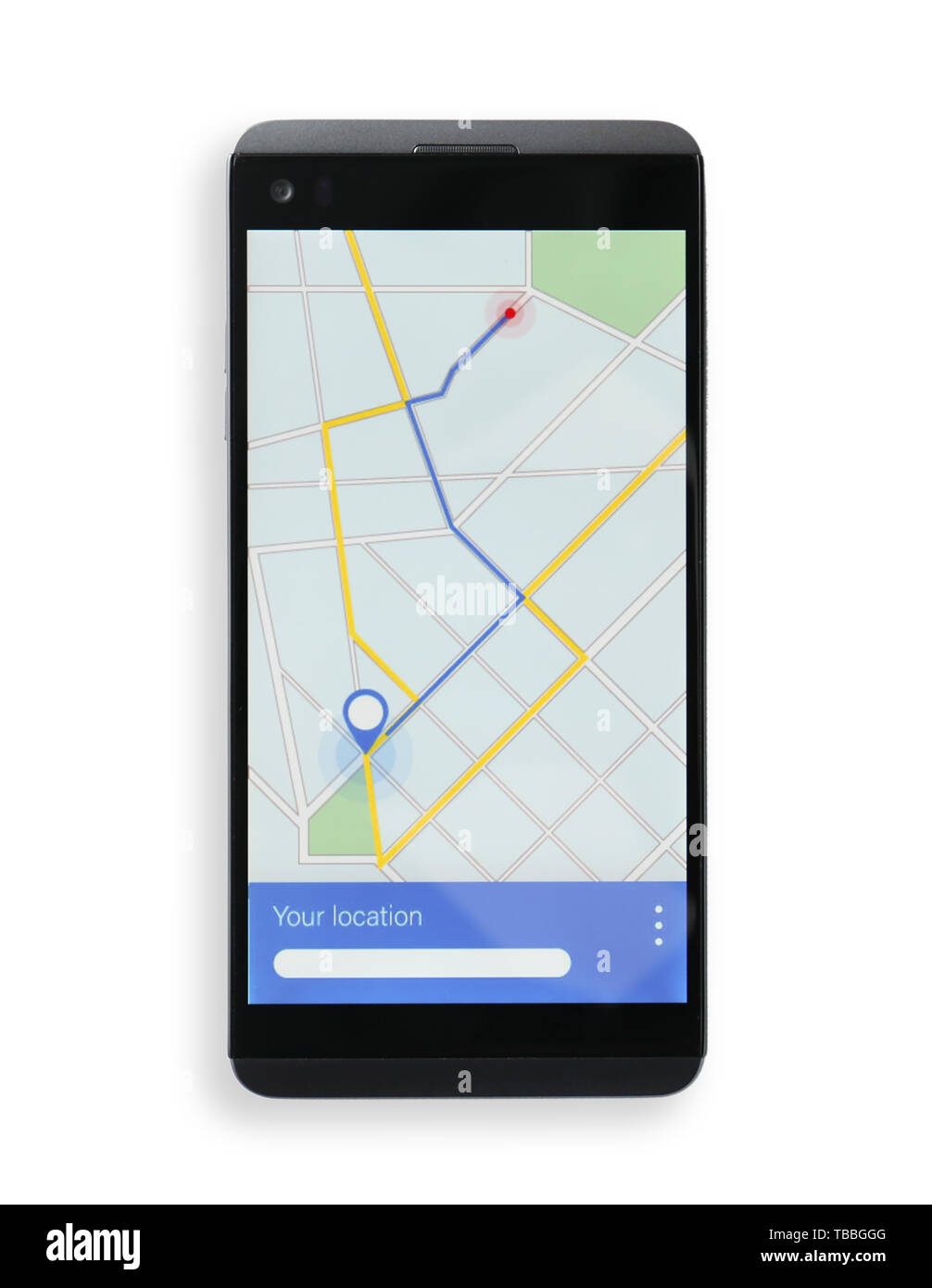 Mobile phone displaying map with route on screen against white ...