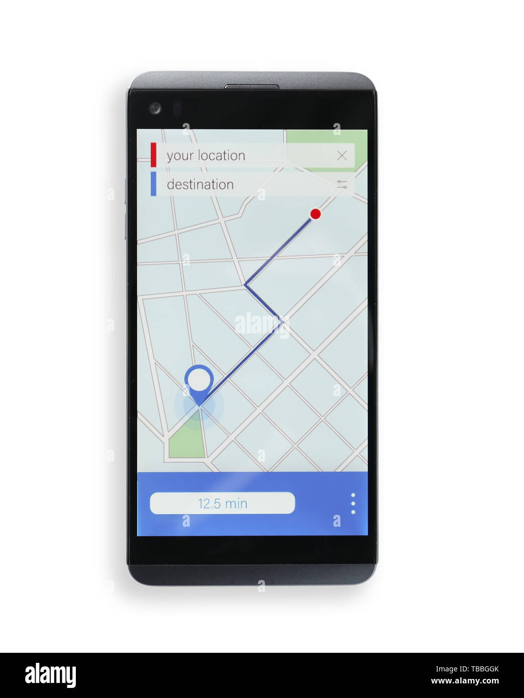 Mobile phone displaying map with route on screen against white ...
