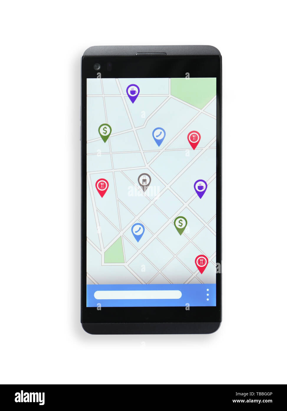 Mobile phone with map and location pointers on screen against white ...