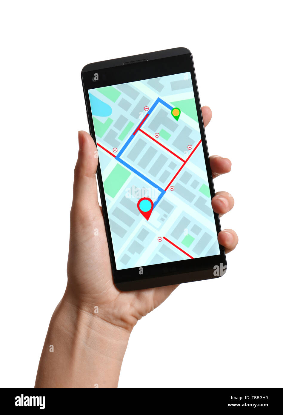Woman holding mobile phone displaying map with route on screen against ...