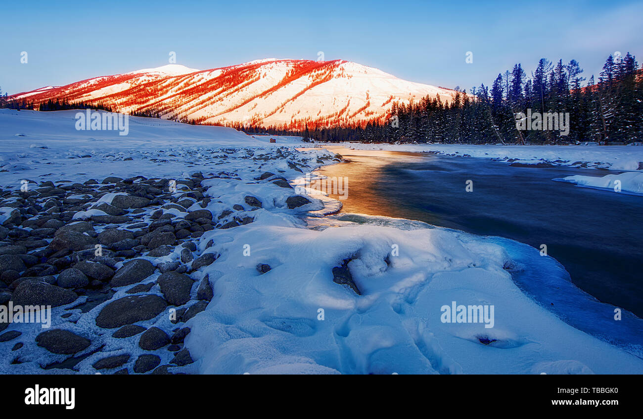 Sunset on Kanas River, Xinjiang Stock Photo - Alamy
