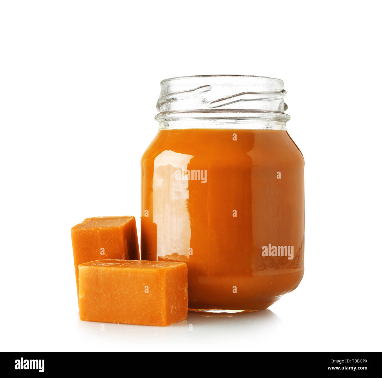 Jar with sweet liquid caramel on white background Stock Photo - Alamy